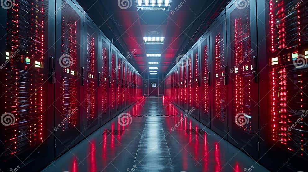 Advanced Data Center Corridor Illuminated by Red Lights in a Modern ...
