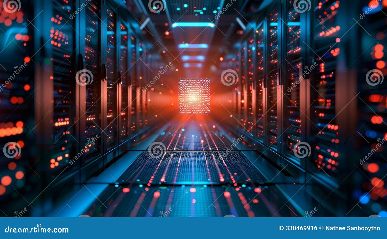 Advanced Data Center with Glowing Red Server Racks Stock Illustration ...