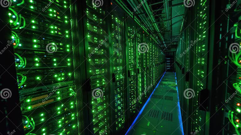 Advanced Data Storage: Rows of Blue and Green LED-Lit Servers in High-Tech Data Center Stock ...
