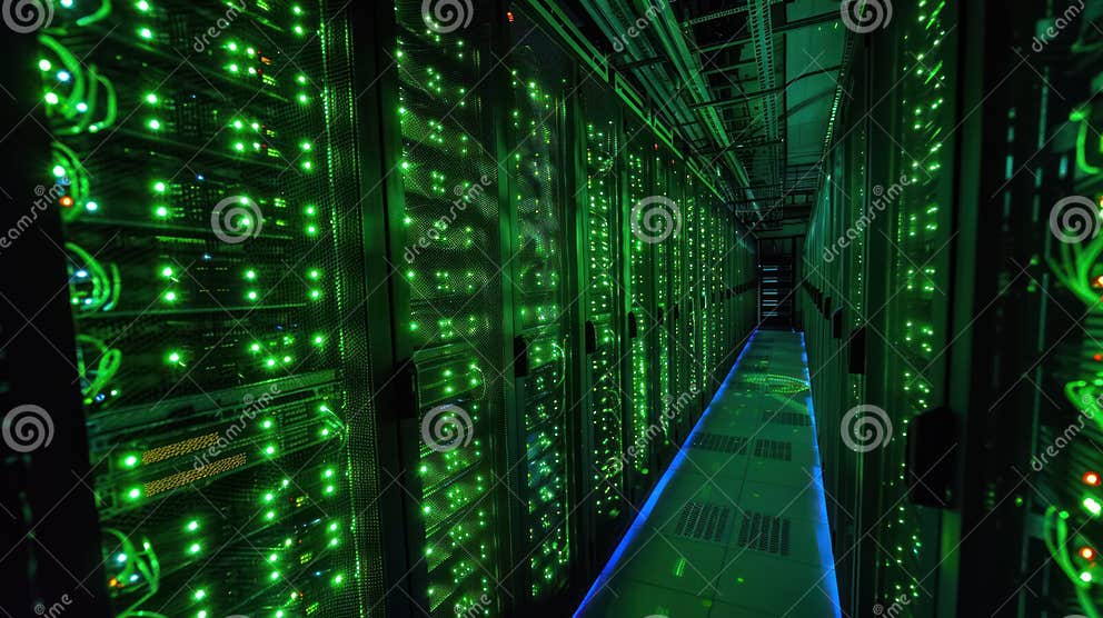 Advanced Data Storage: Rows of Blue and Green LED-Lit Servers in High ...