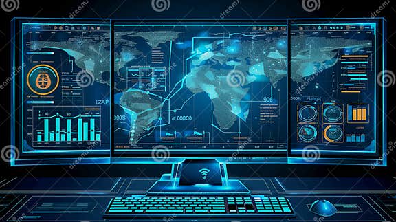 Futuristic Digital Command Center with World Map Display Stock ...