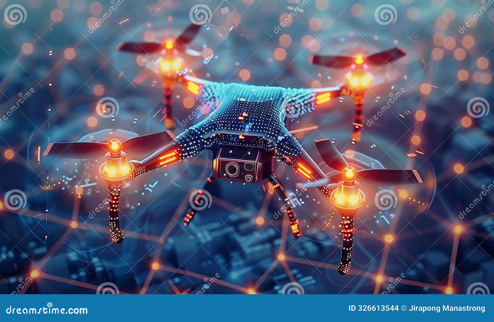 Advanced Drone with Glowing Digital Circuitry and Propeller Hovering ...