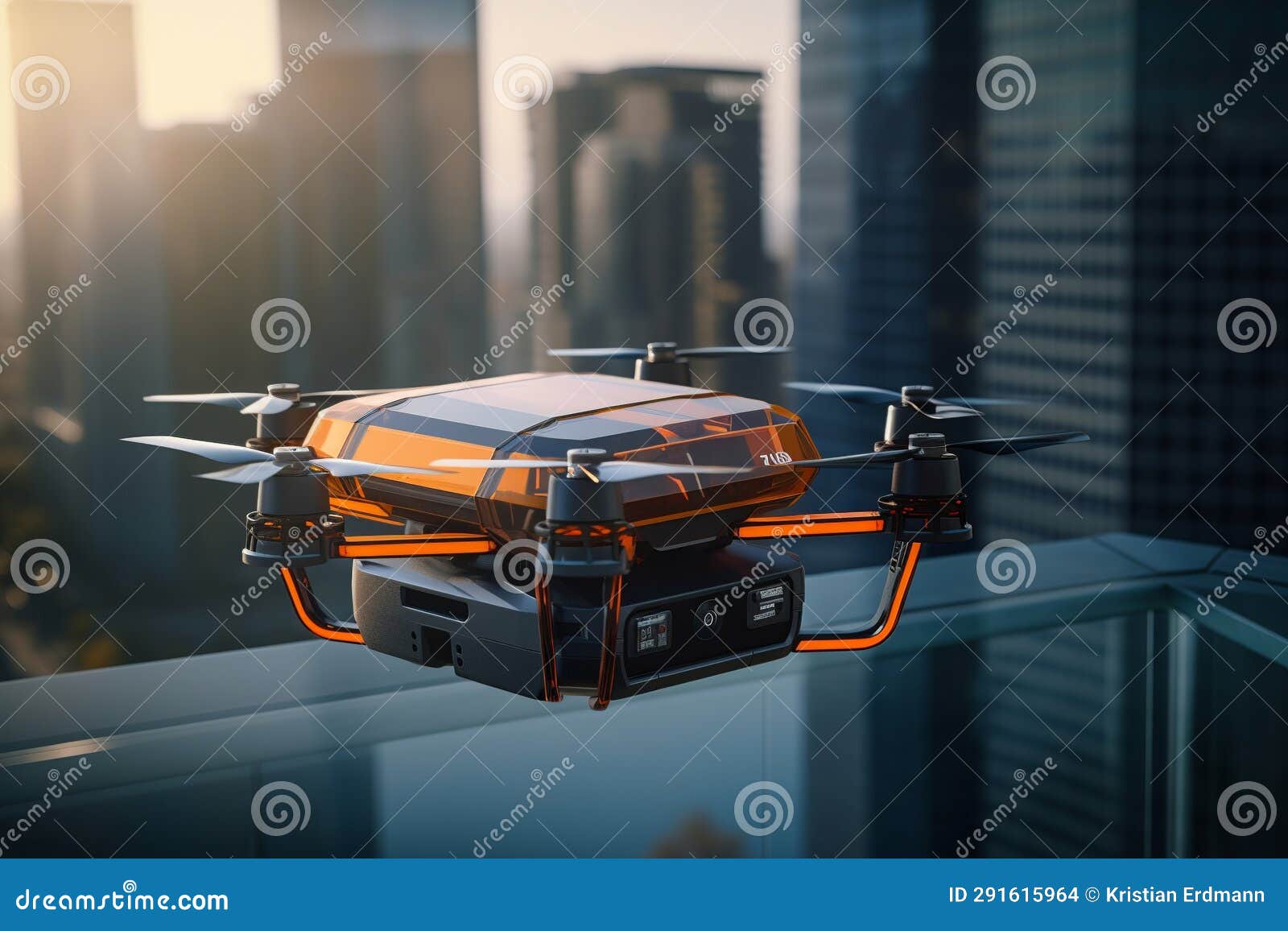 Drone Transporting Financial Sheets Amidst Urban Towers Stock ...