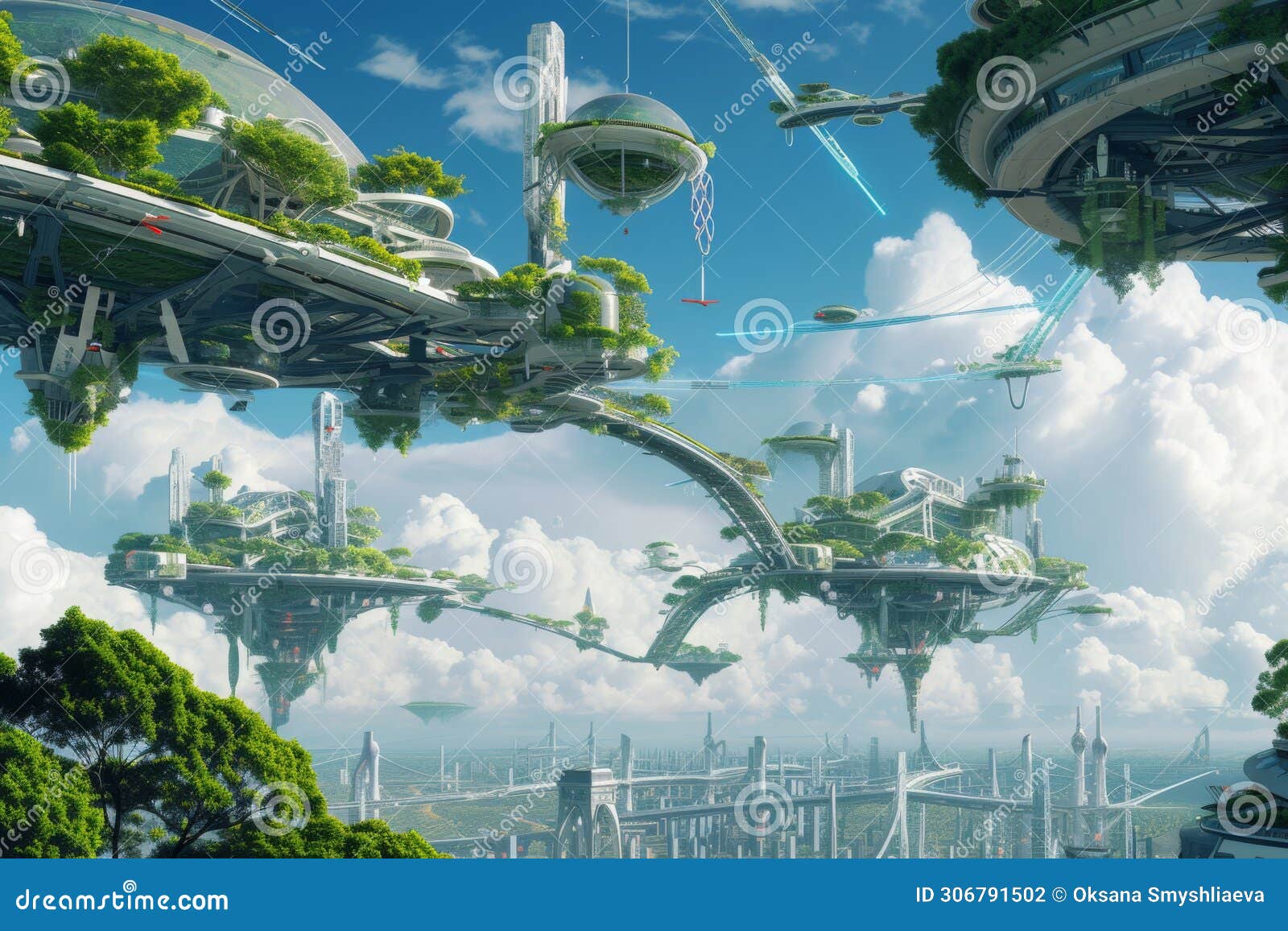 Advanced Ecopolis with Aerial Transit System. High-tech City with ...