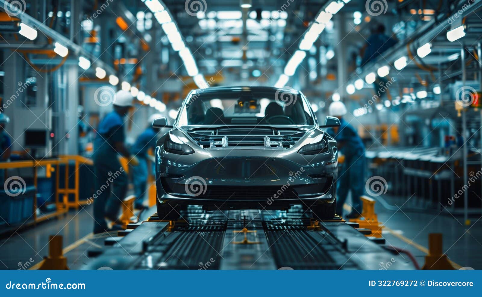 Advanced Electric Car Assembly Line with Engineers at Work Stock ...