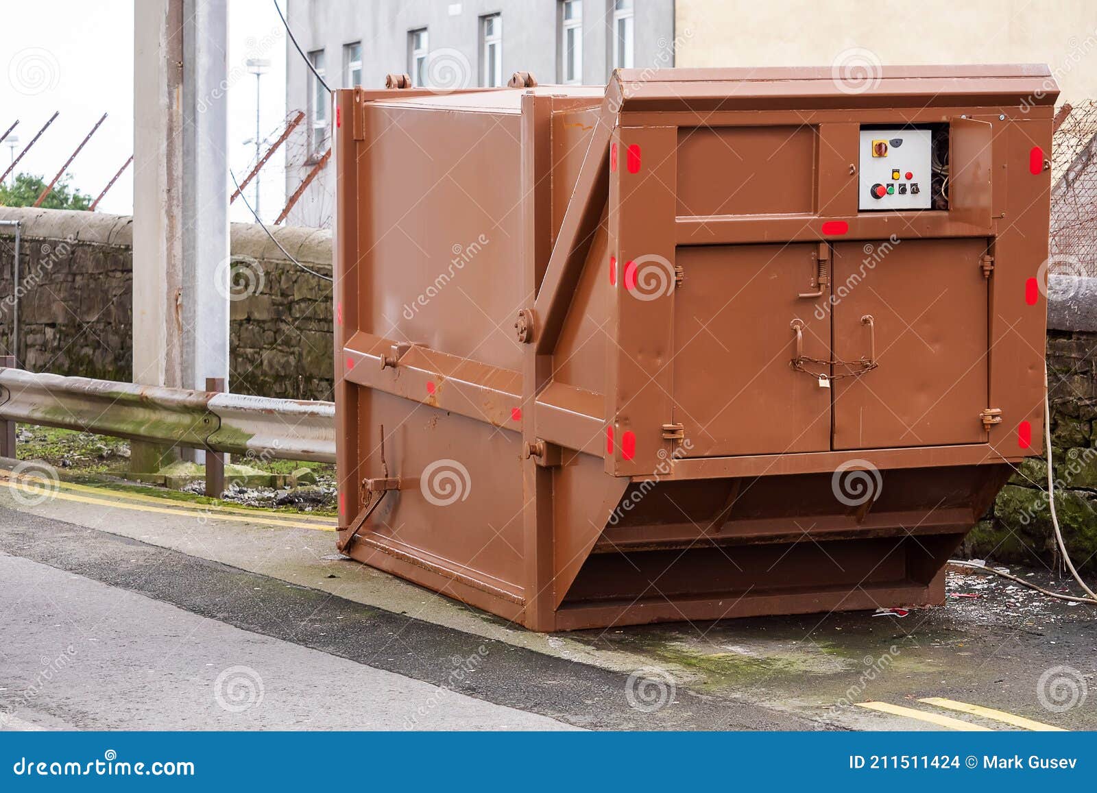 Advanced Electrical Powered Rubbish Trash Skip Bin In A Street. Brown ...
