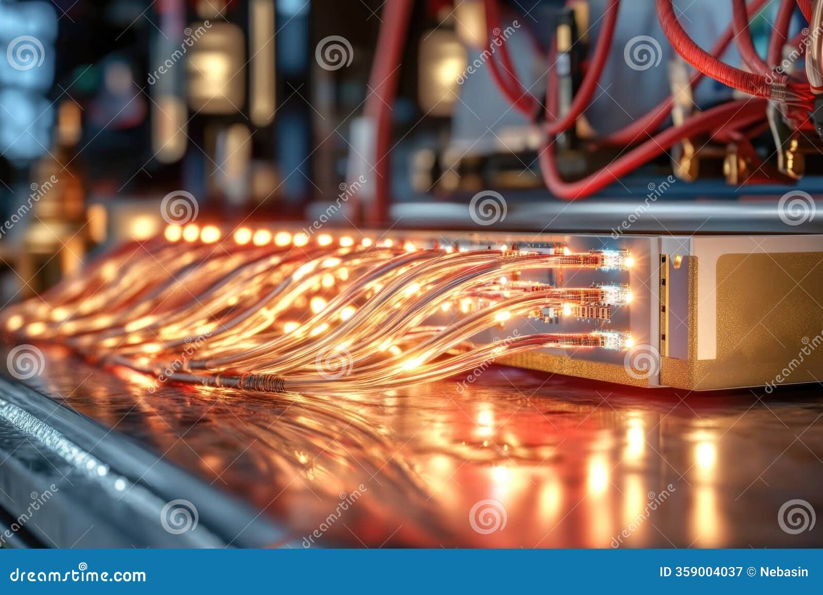 Advanced Fiber Optic Cables with Glowing Lights in a Technology Lab ...