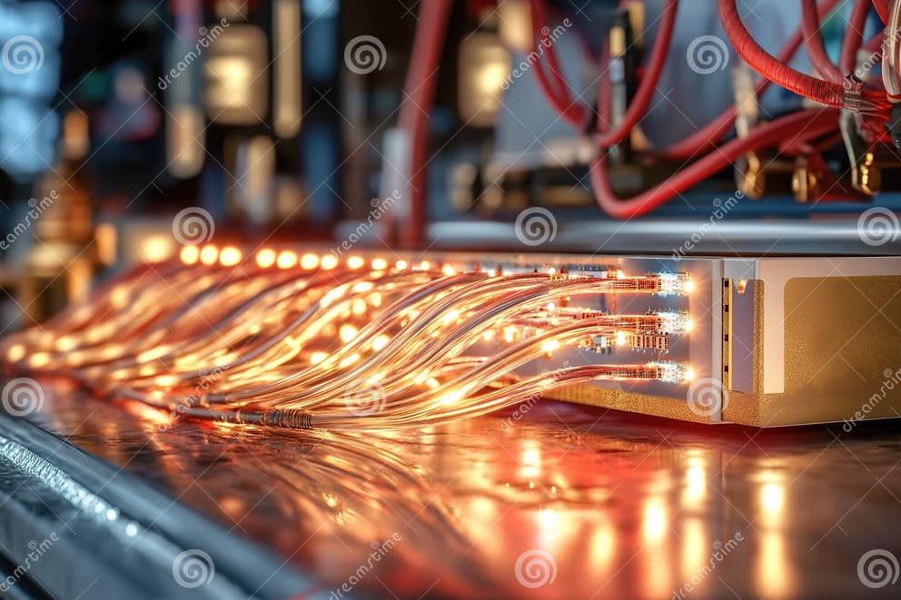 Advanced Fiber Optic Cables with Glowing Lights in a Technology Lab ...