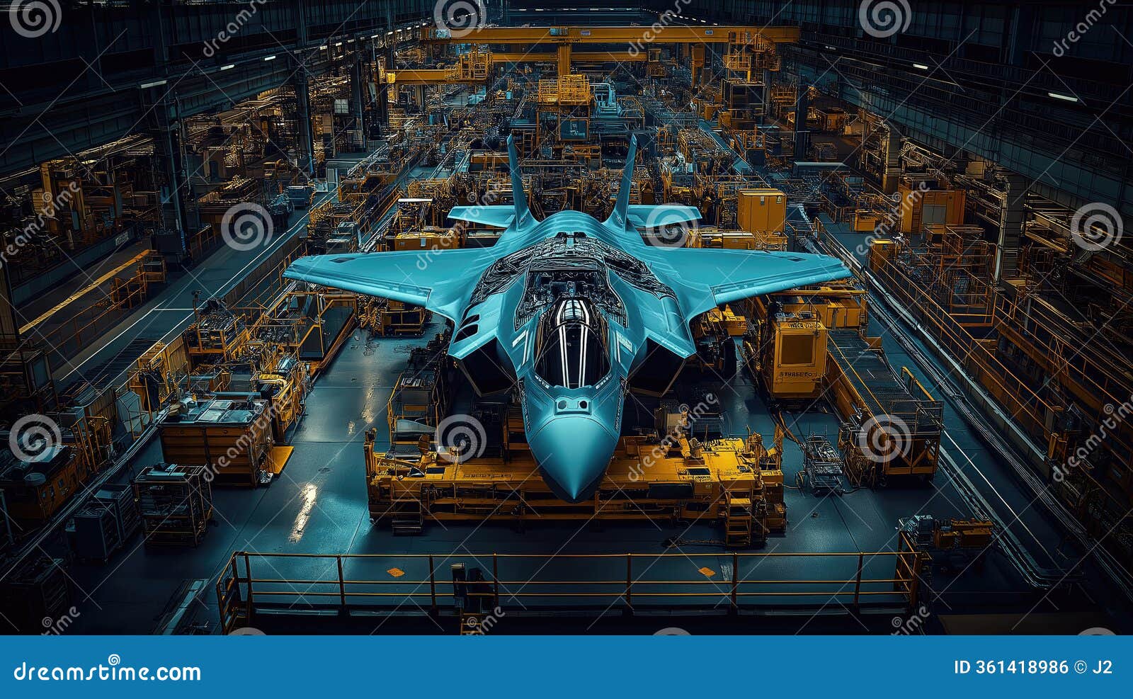 Advanced Fighter Jet In Industrial Hangar With Complex Machinery And ...