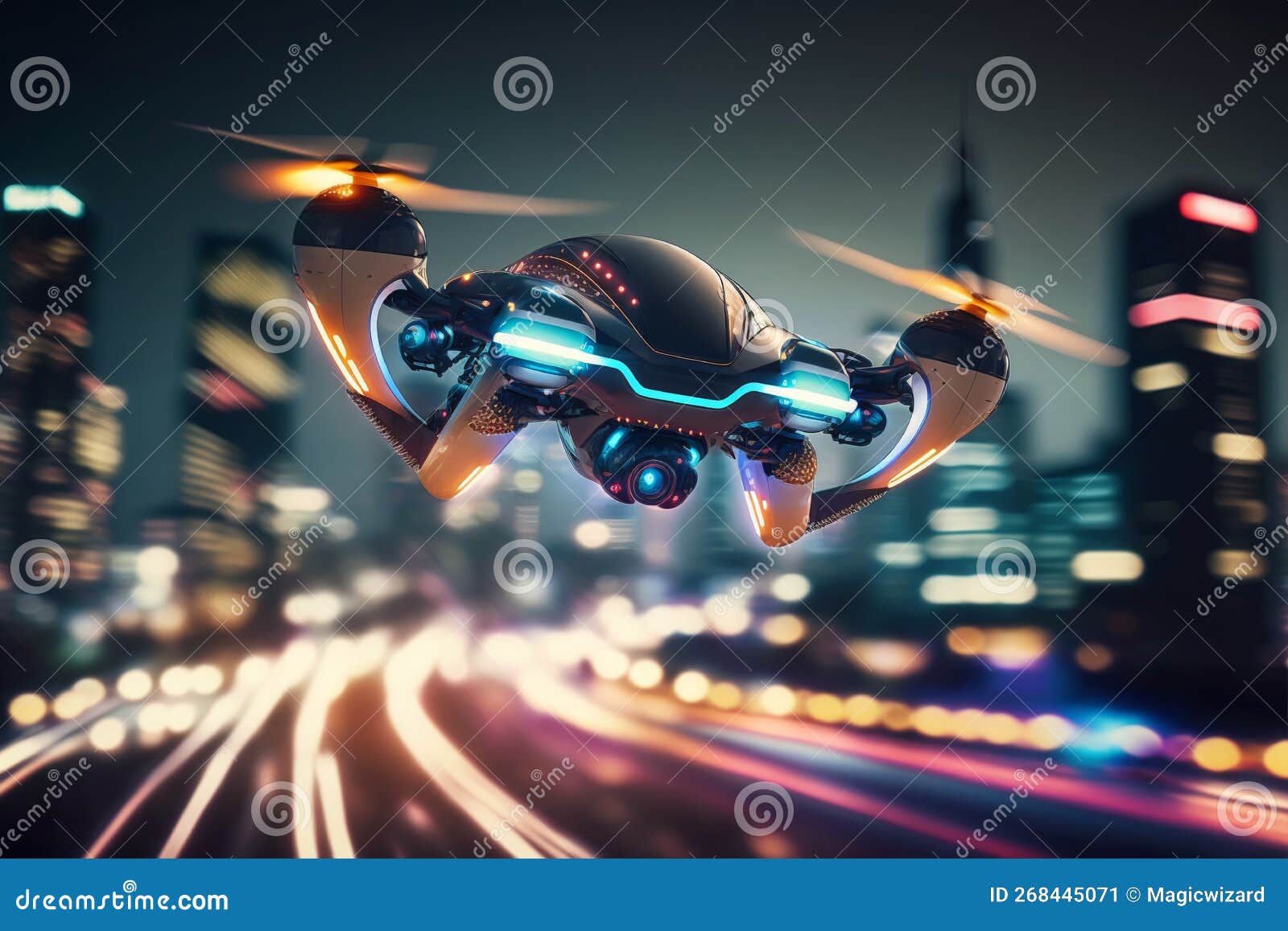 Advanced Drone from the Future Flying Over a City with Neon Lights ...