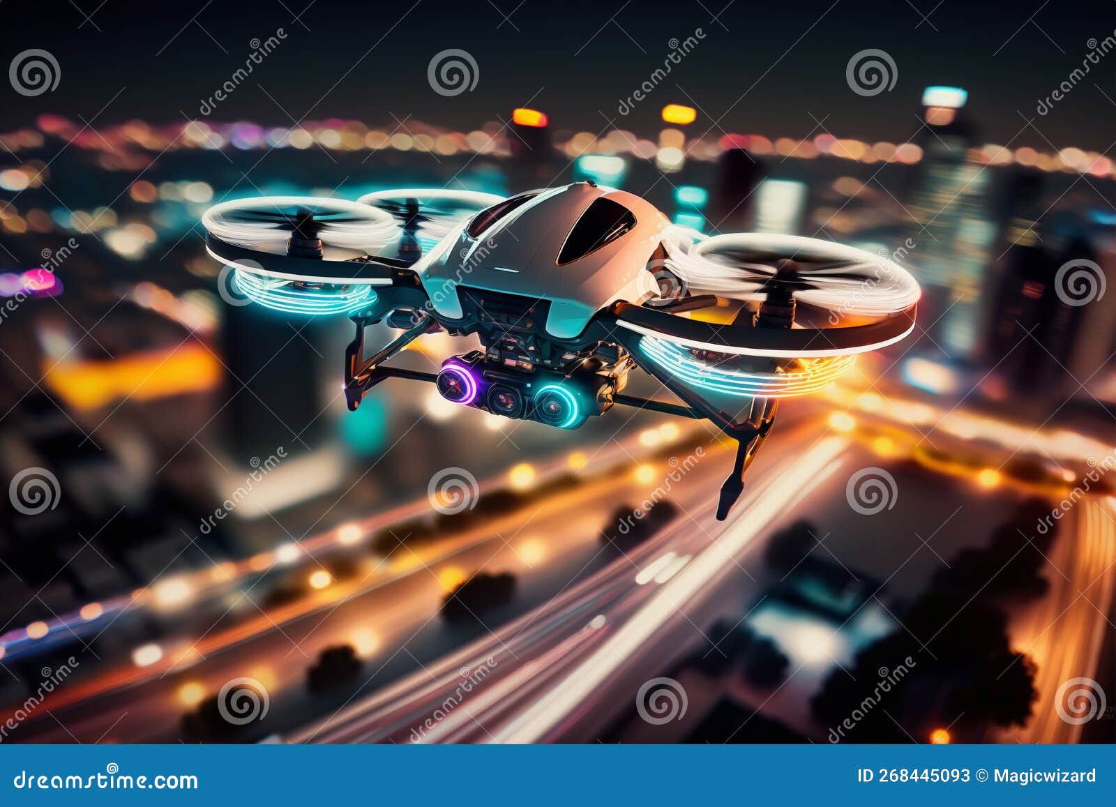 Advanced Drone from the Future Flying Over a City with Neon Lights ...