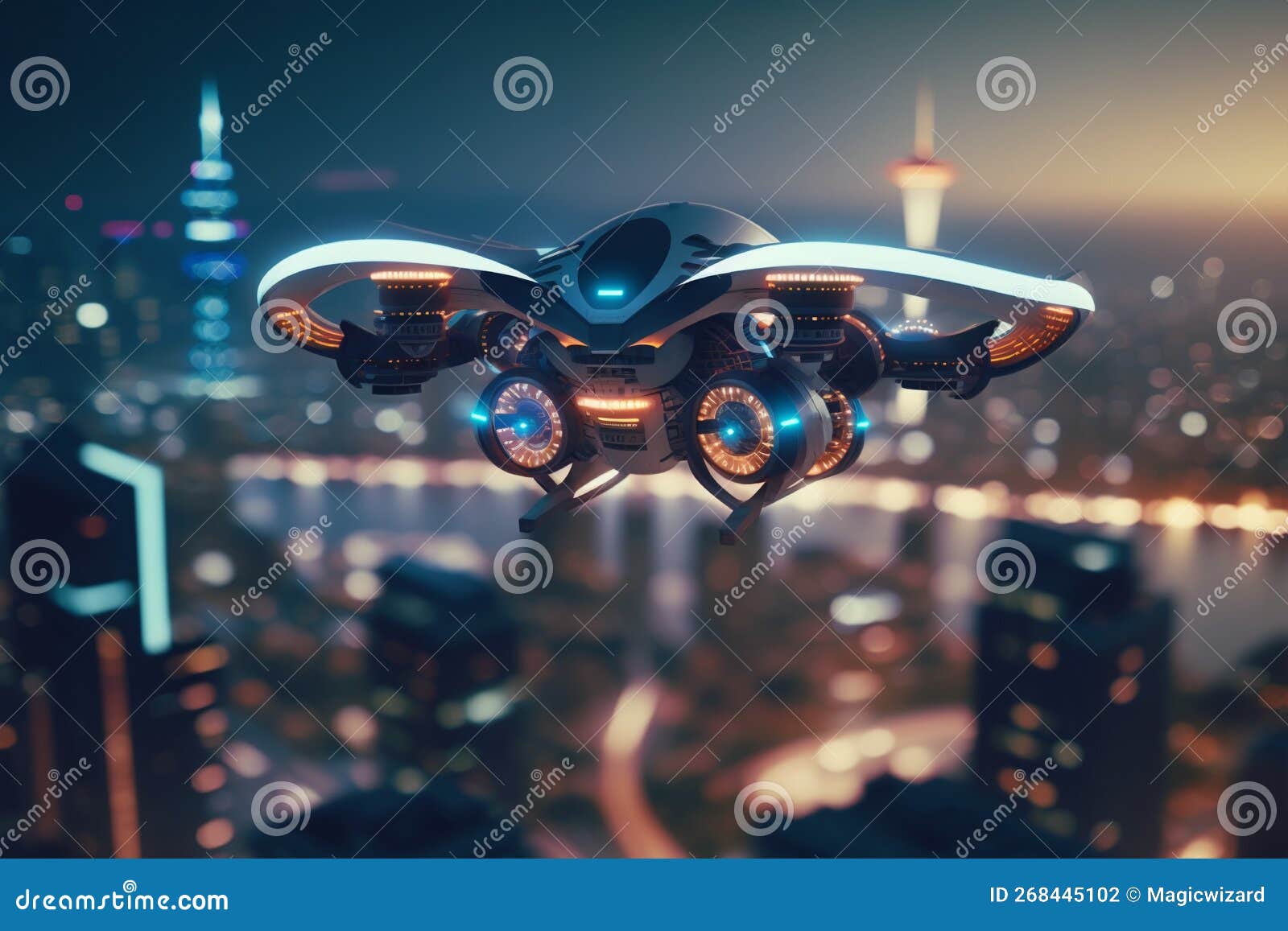Advanced Drone from the Future Flying Over a City with Neon Lights ...