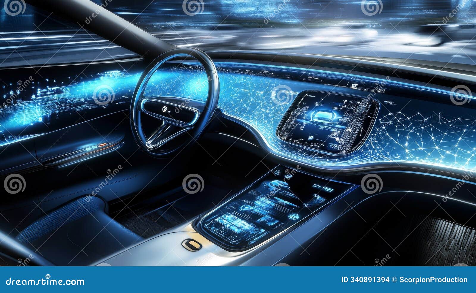 Advanced Futuristic Car Dashboard with Glowing Digital Displays Stock ...