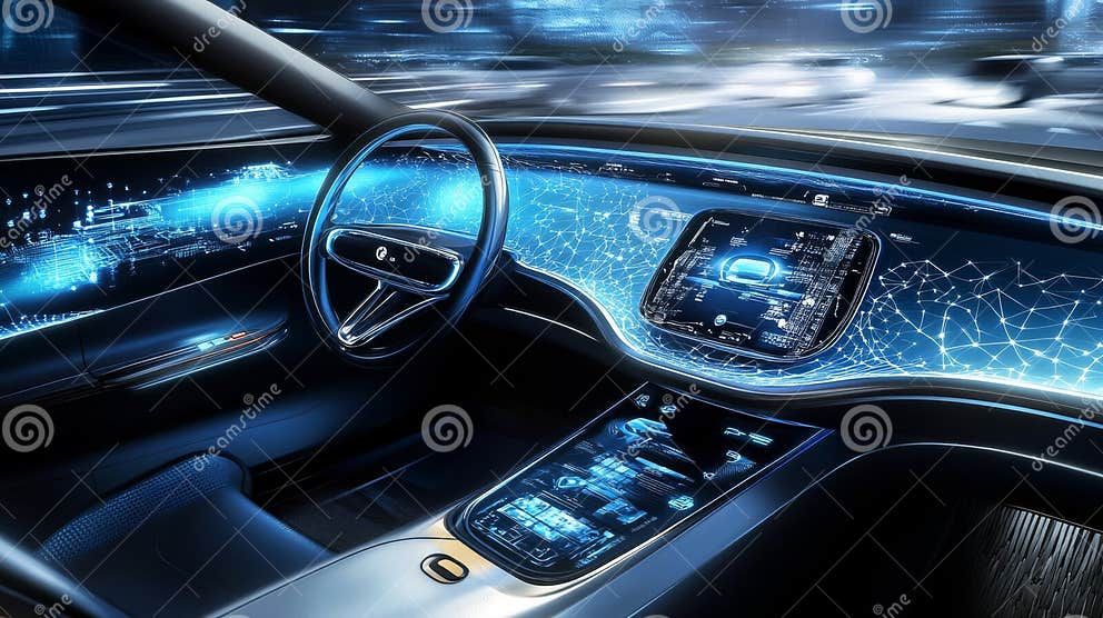 Advanced Futuristic Car Dashboard with Glowing Digital Displays Stock ...