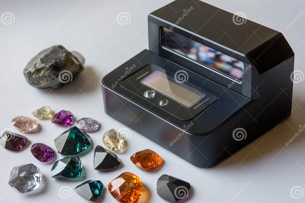 An Advanced Gem Testing Machine Sits Alongside a Variety of Colorful ...