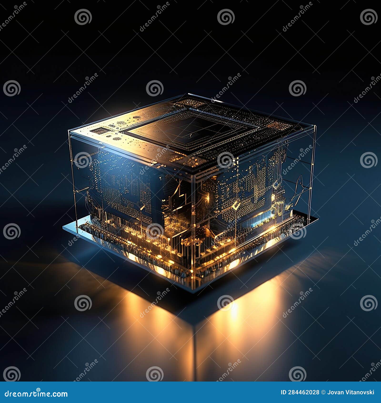Advanced GPU Microchip Cube, Holographic Projection Over it, Black ...