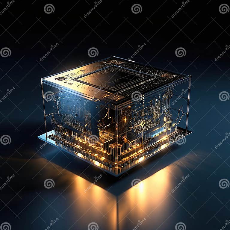 Advanced GPU Microchip Cube, Holographic Projection Over it, Black ...