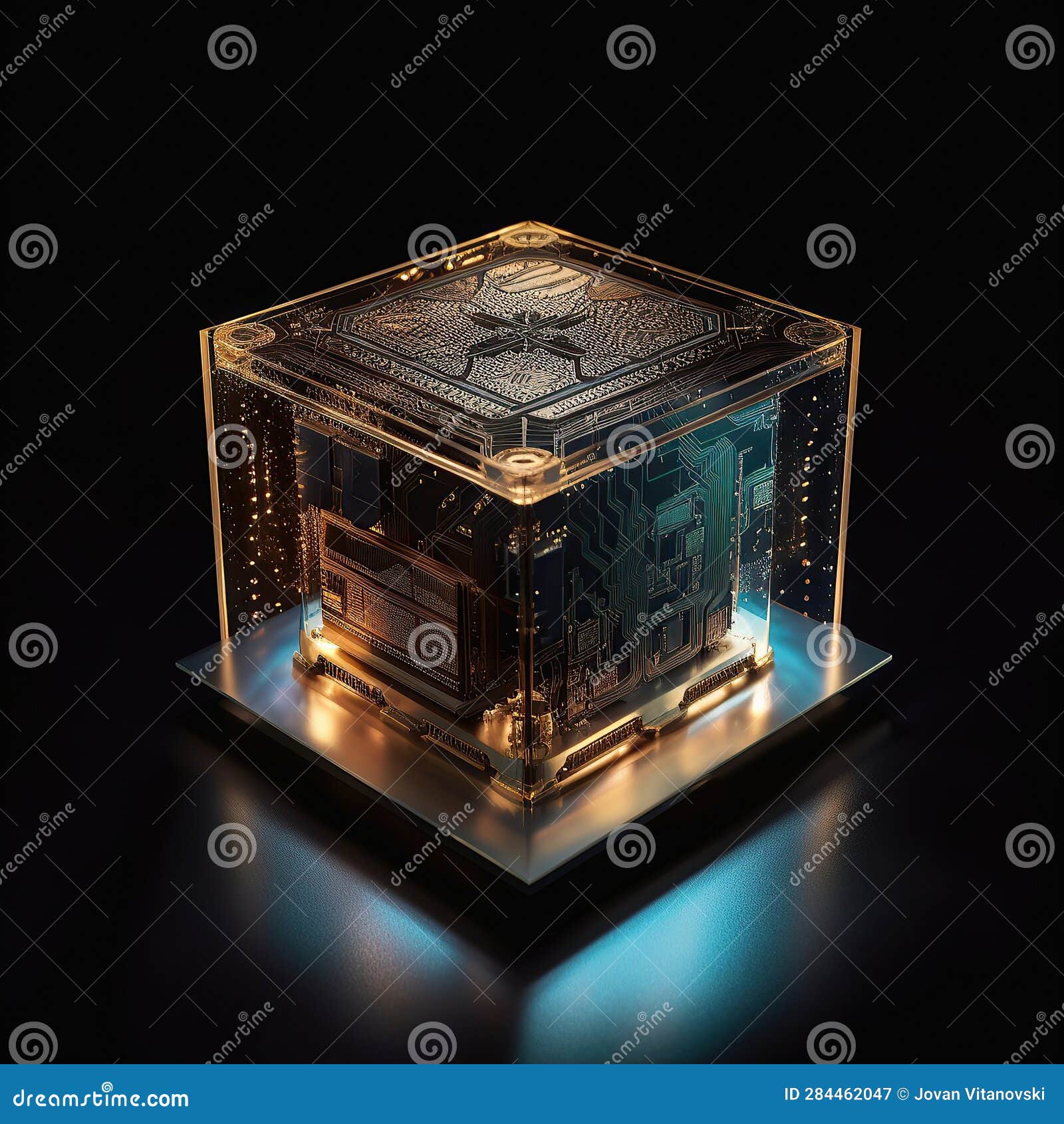 Advanced GPU Microchip Cube, Holographic Projection Over it, Black ...