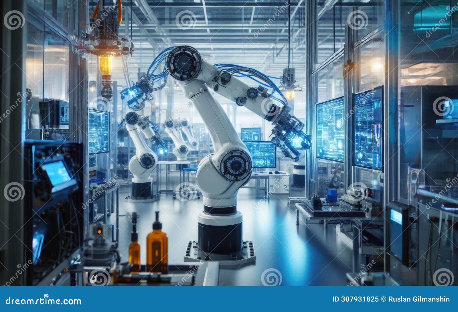 Robot Arms on Fully Automated Assembly Line Inside Modern Electronics ...