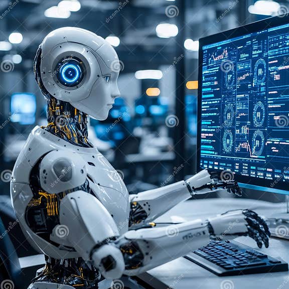 Advanced Humanoid Robot Engineer Working with Complex Software in a ...