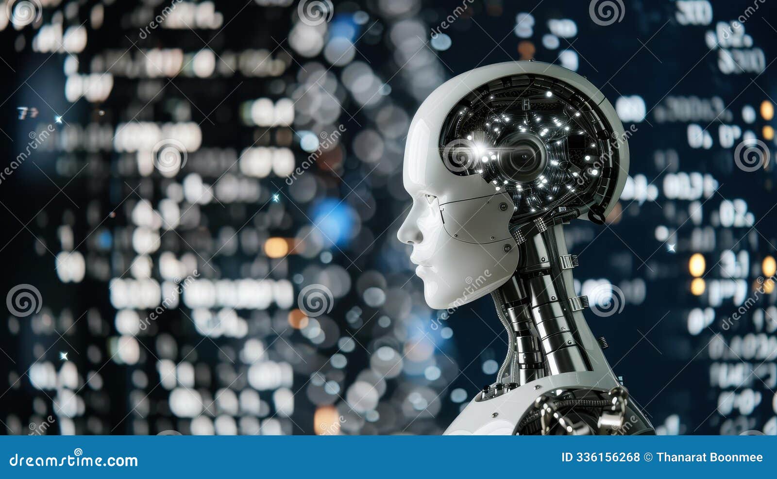 An Advanced Humanoid Robot Head Design Illuminated Against a Dark ...