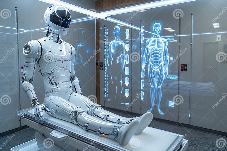 Advanced Humanoid Robot in a High-tech Medical Lab Analyzing a Human ...
