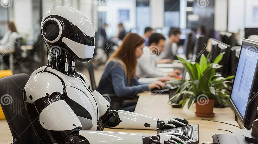Humanoid Robot Working at Computer in Modern Office with Employees ...