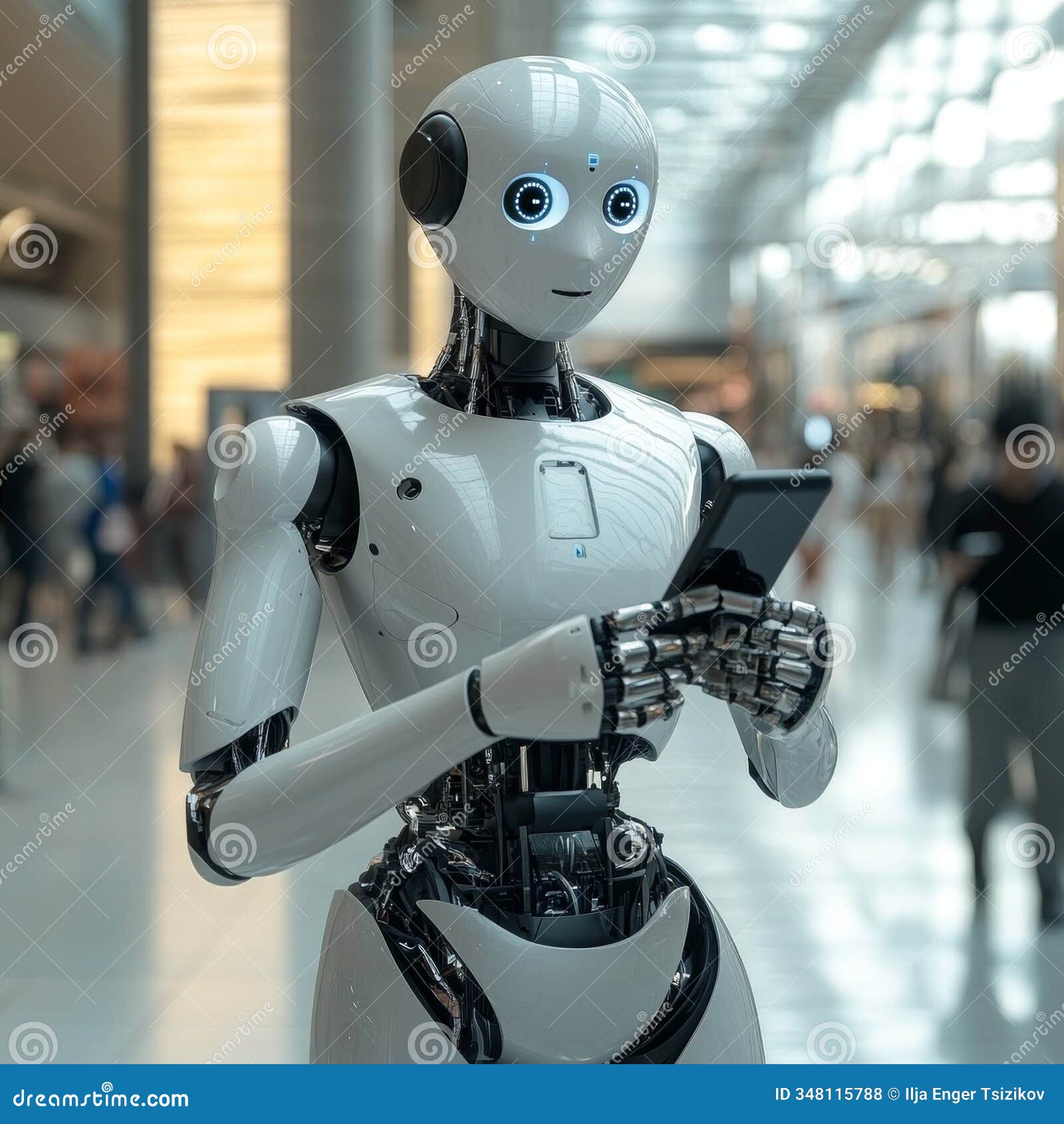 Advanced Humanoid Robot Using Smartphone in Modern Office, Futuristic ...