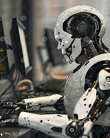 Advanced Humanoid Robot Working at a Computer Stock Illustration ...