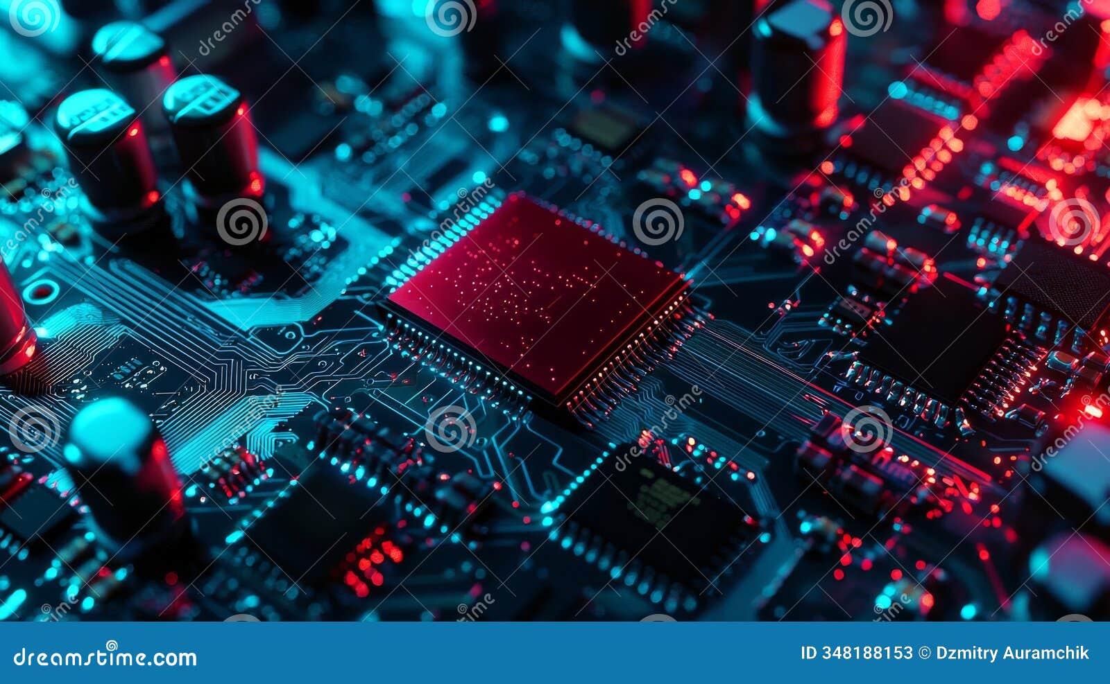 An Advanced Integrated Circuit Board with a Prominent Red Processor ...