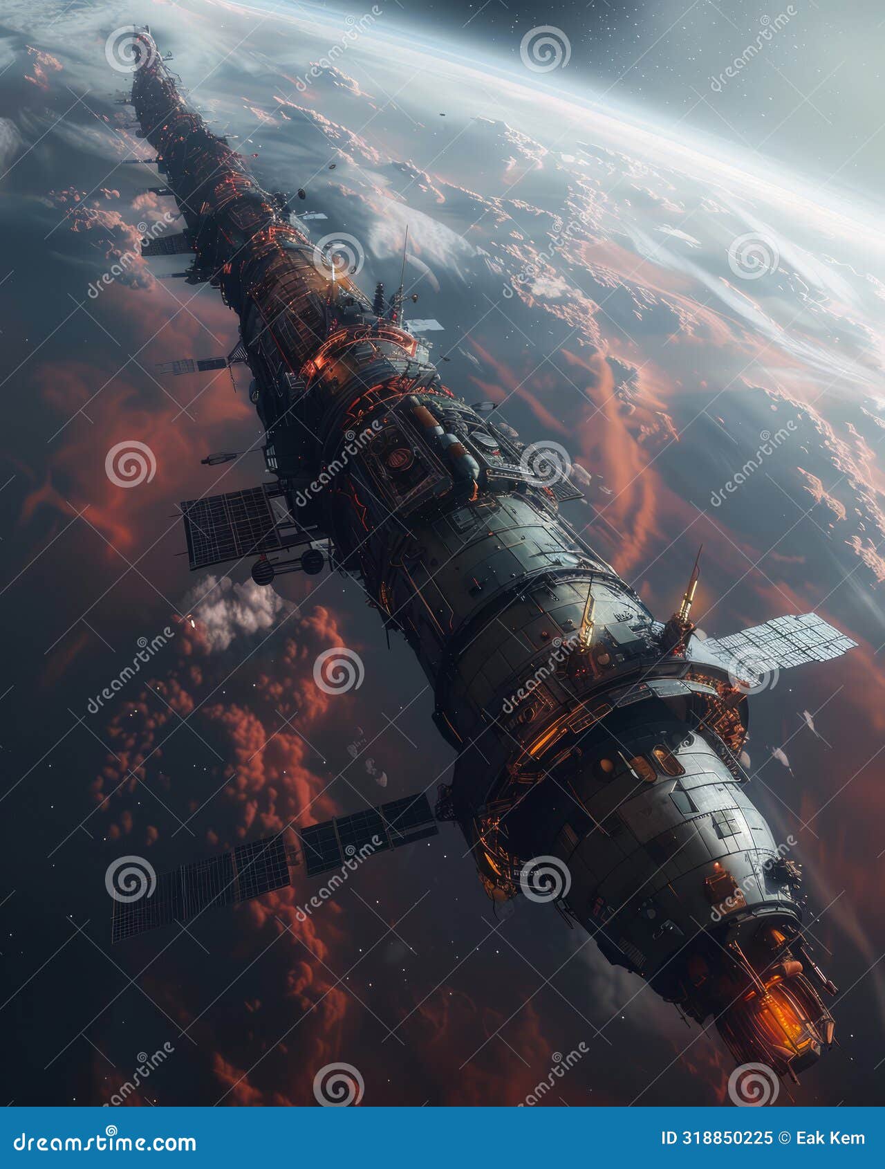 Advanced Interstellar Spaceship in Orbit Around Earth with Fiery Sunset ...