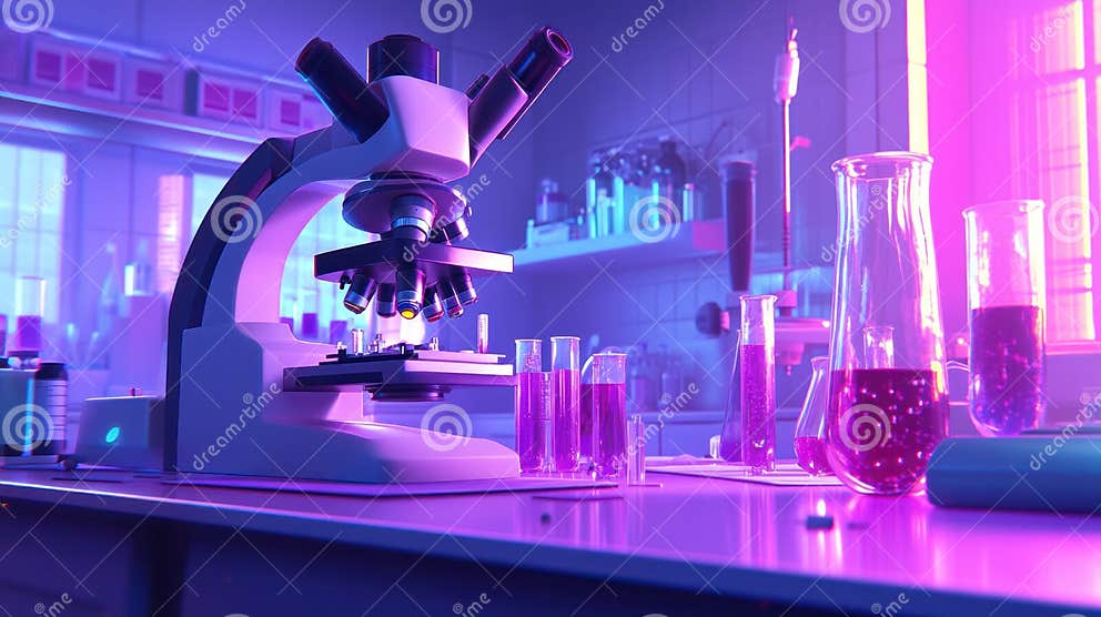 Advanced Laboratory with Microscope and Test Tubes in Neon Lighting ...