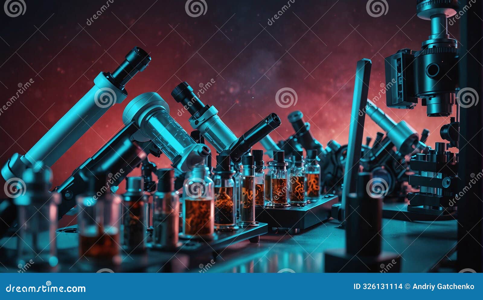 Laboratory Setup with Multiple Microscopes and Chemical Samples for ...