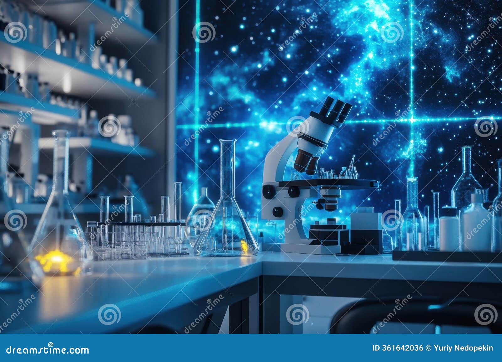 Advanced Laboratory Setup Showcasing Research Tools and Cosmic Visuals ...