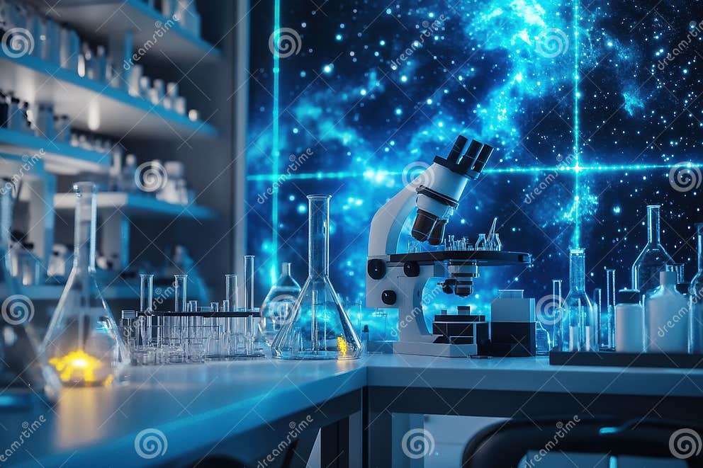 Advanced Laboratory Setup Showcasing Research Tools and Cosmic Visuals ...