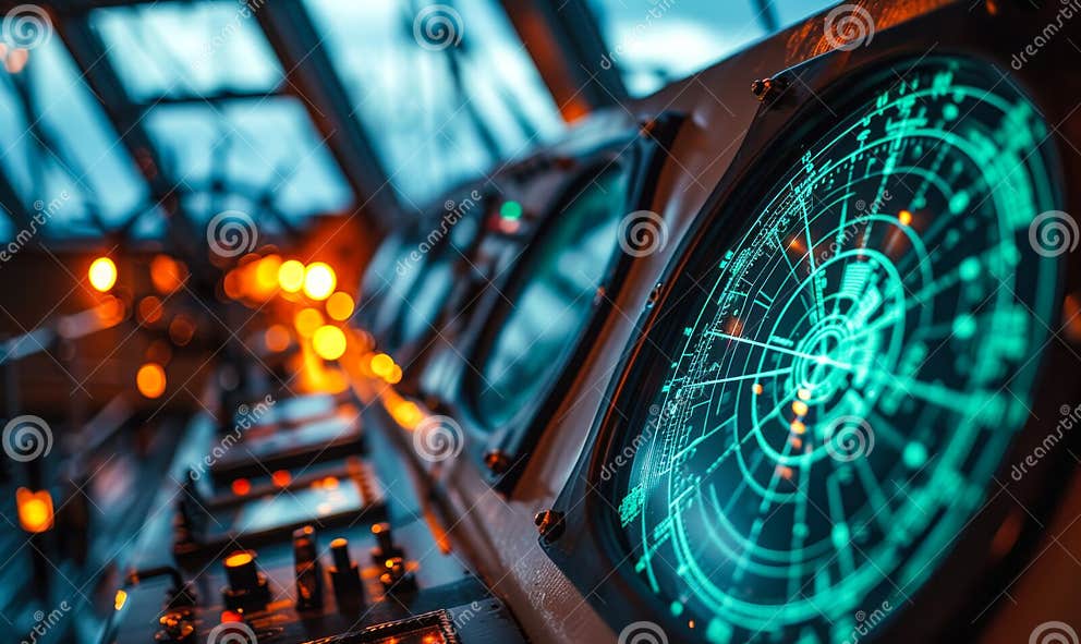 Advanced Maritime Navigation Radar Screen Glowing in a Dimly Lit Ships ...