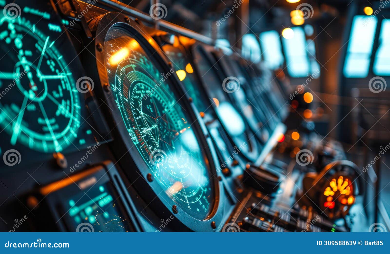 Advanced Maritime Navigation Radar Screen Glowing in a Dimly Lit Ships ...