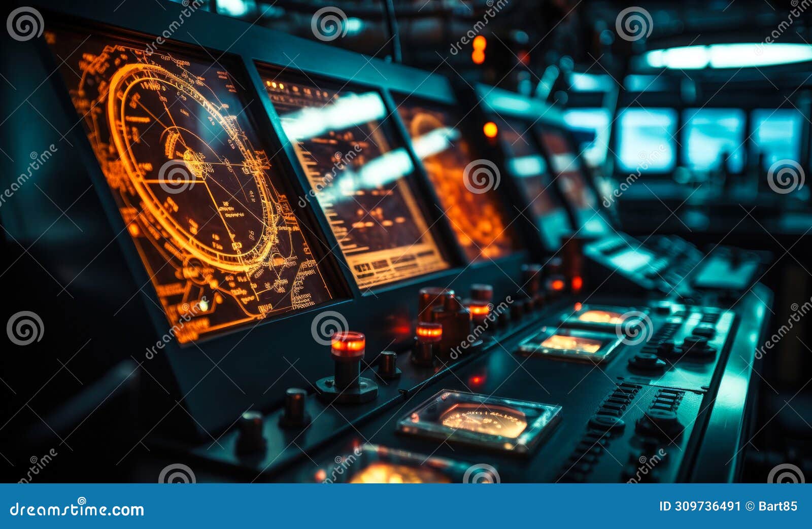 Advanced Maritime Navigation Radar Screen Glowing in a Dimly Lit Ships ...
