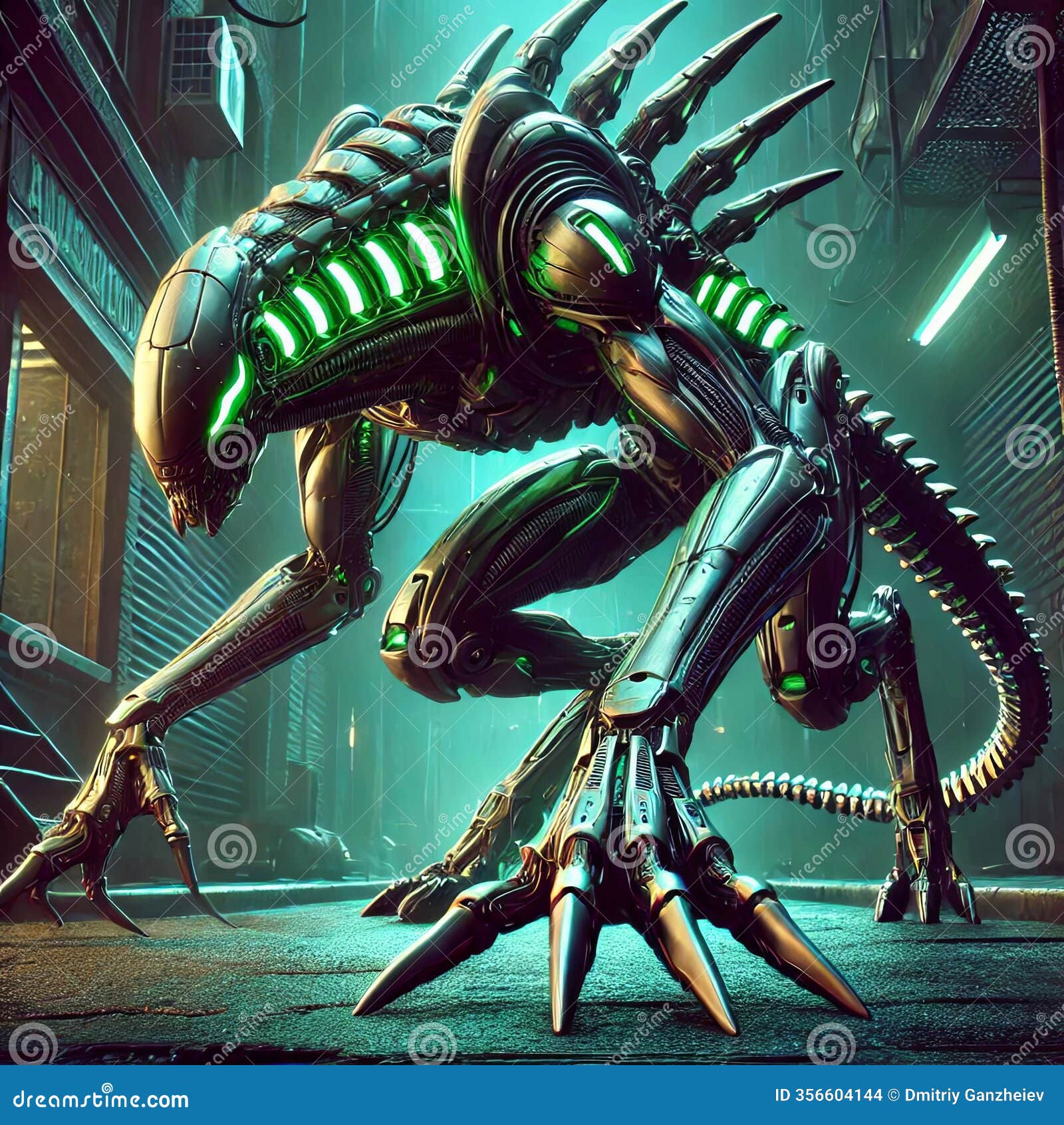 Advanced Mechanical Predator on a Rainy Night Stock Illustration ...