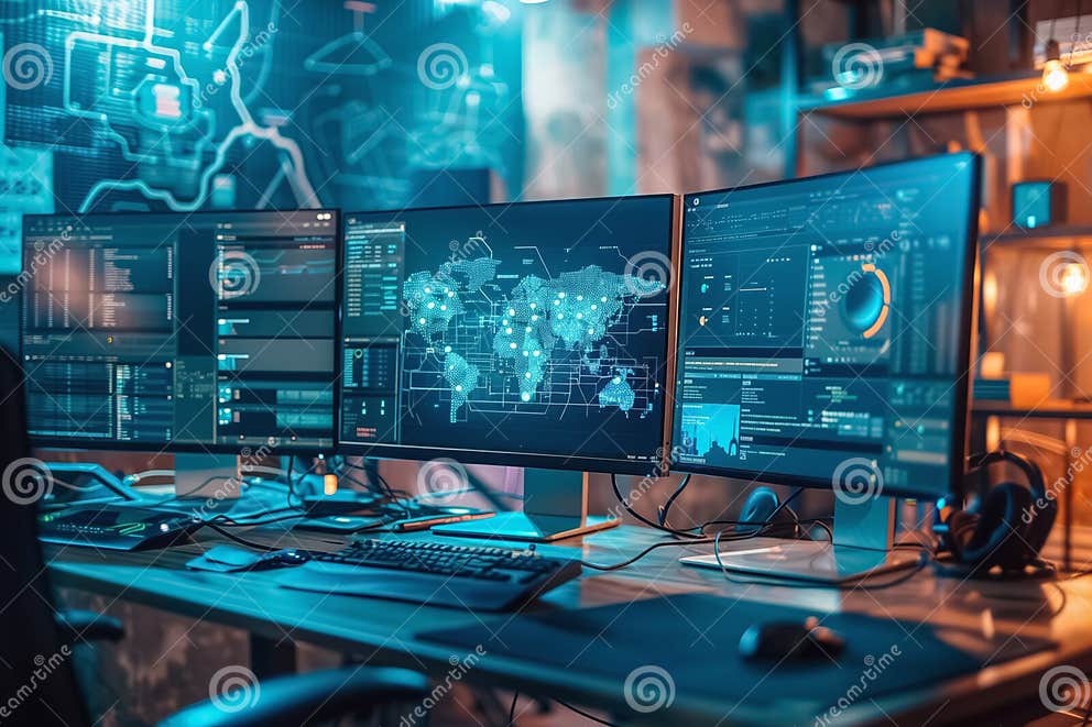 Advanced Monitoring Setup with Multiple Screens Displaying Global Data Maps and Analytics Stock ...