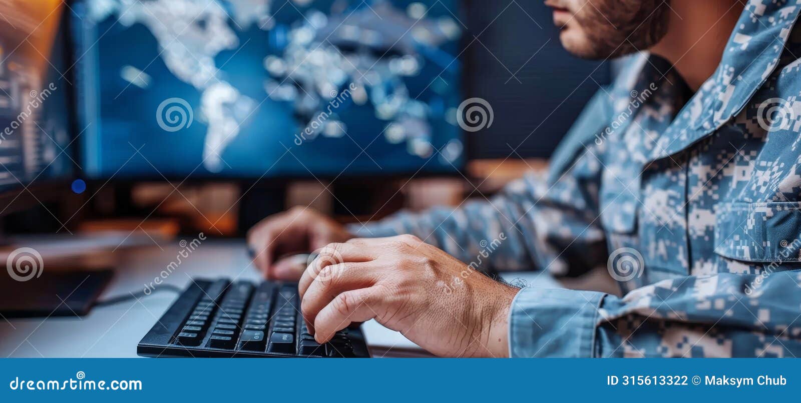 Advanced Prosthetic Arm Operating Computer in Modern Military Base for ...