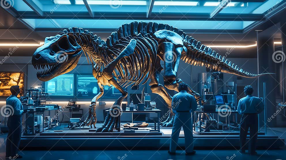 Advanced Research Team Analyzing Dinosaur Skeleton in High-Tech ...