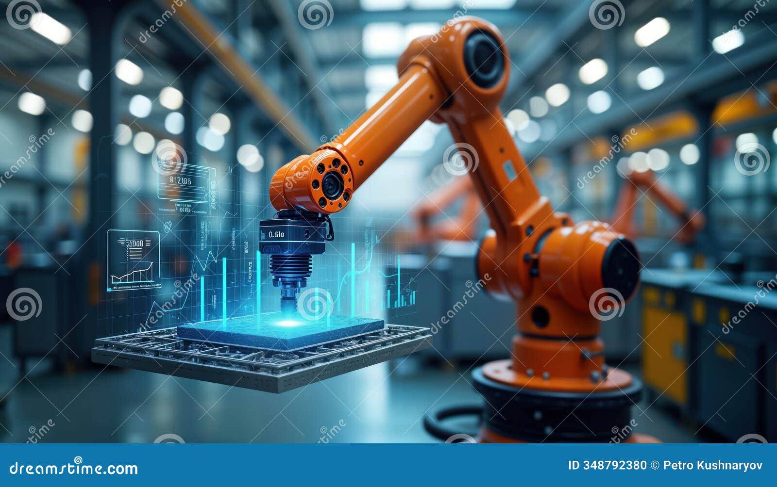 Advanced Robotic Arm Operates in Modern Smart Factory. Data Analytics ...