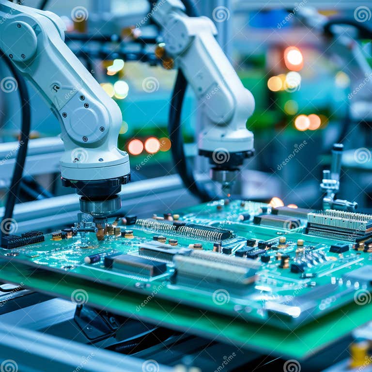 Advanced Robotic Arms Assembling Circuit Boards in High-Tech Factory ... Advanced Robotic Arms Assembling Circuit Boards in High-Tech Factory ...