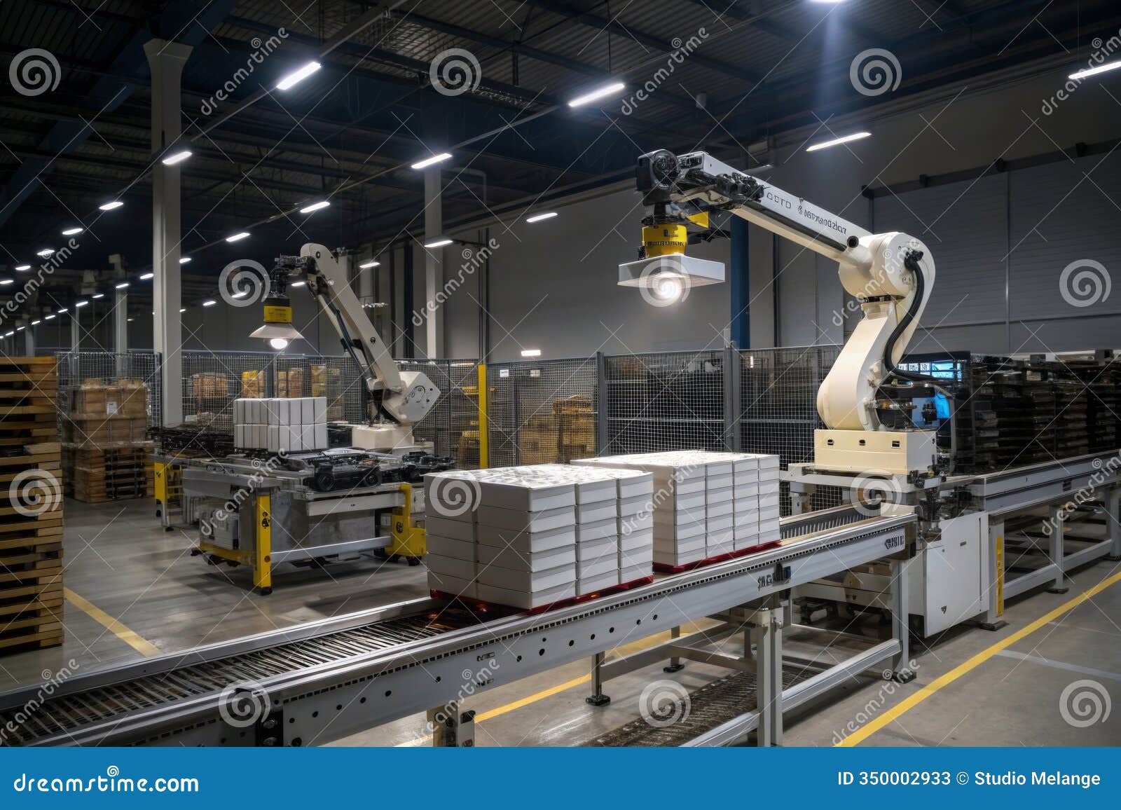 Industrial Robots Stacking Boxes in a Modern Warehouse during Nighttime ...