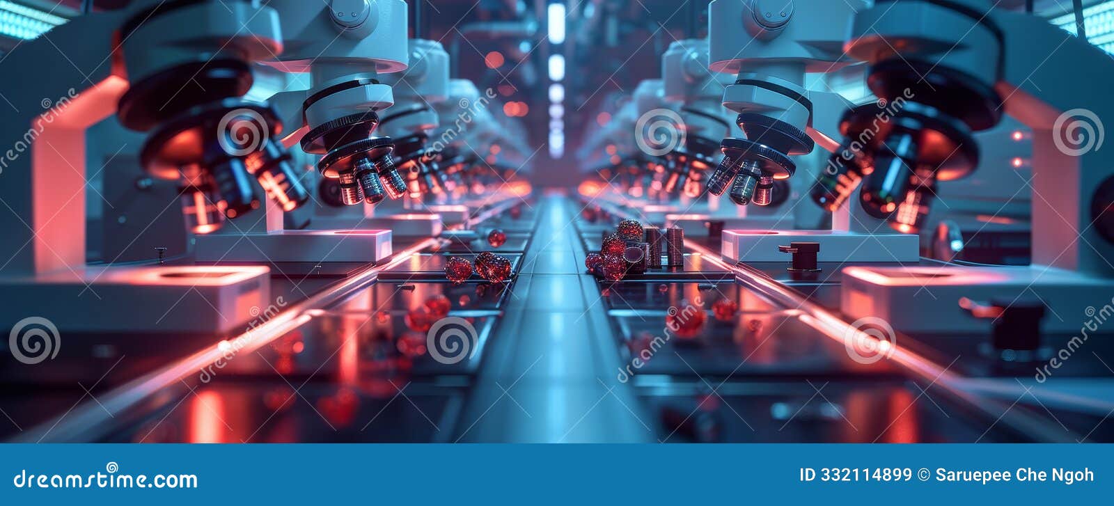 Advanced Robotic Assembly Line with Precision Microscopes in a HighTech ...