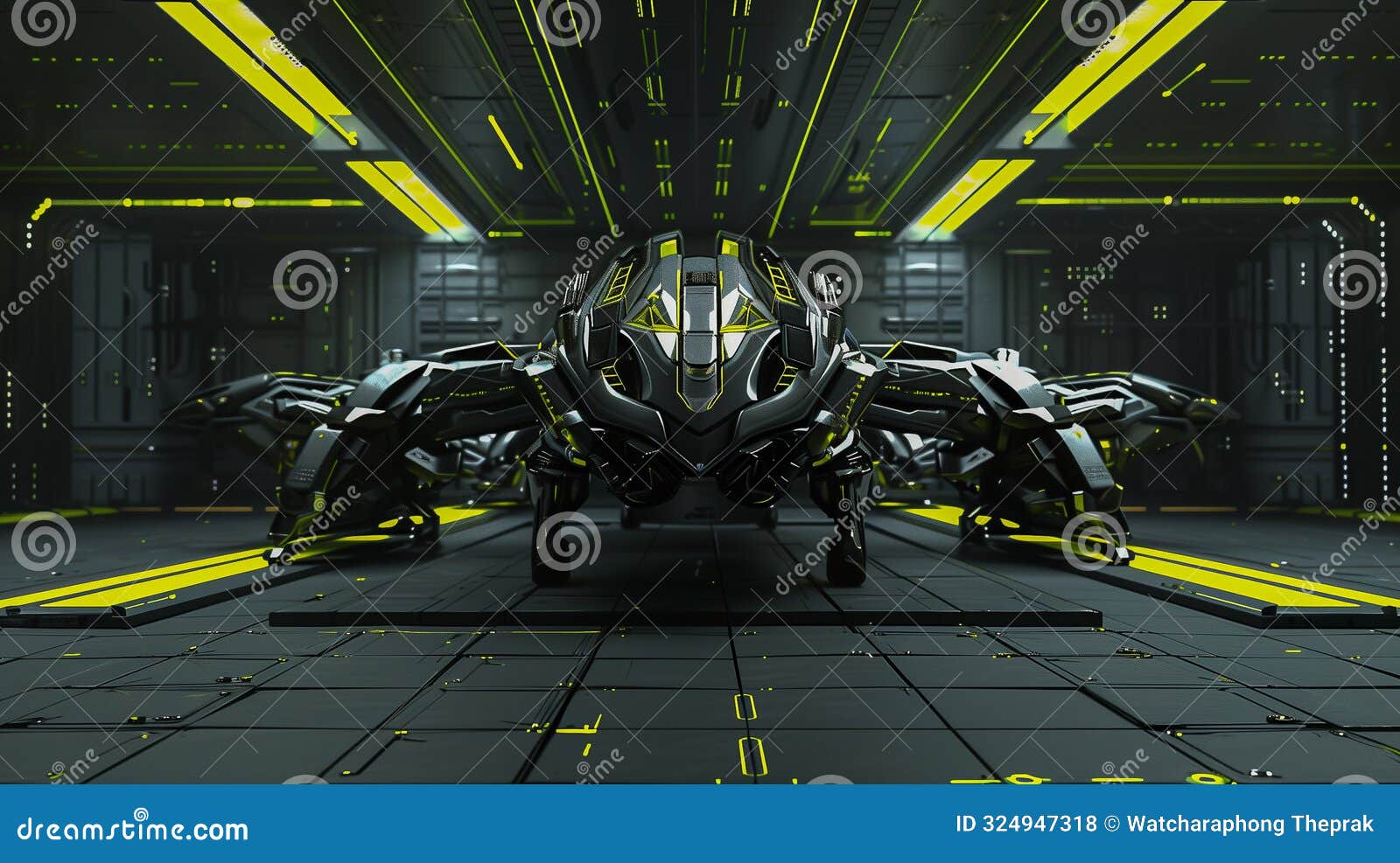 Futuristic Robotic Spider in High-Tech Yellow and Black Lab Stock ...