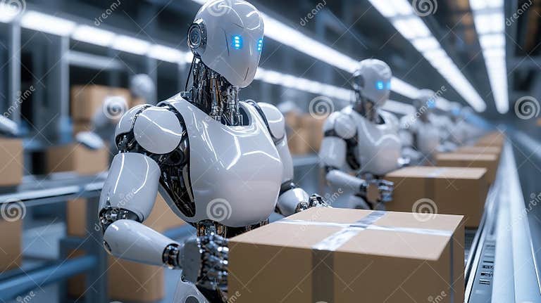Advanced Robotics Assembly Line Featuring Humanoid Robots Packaging ...