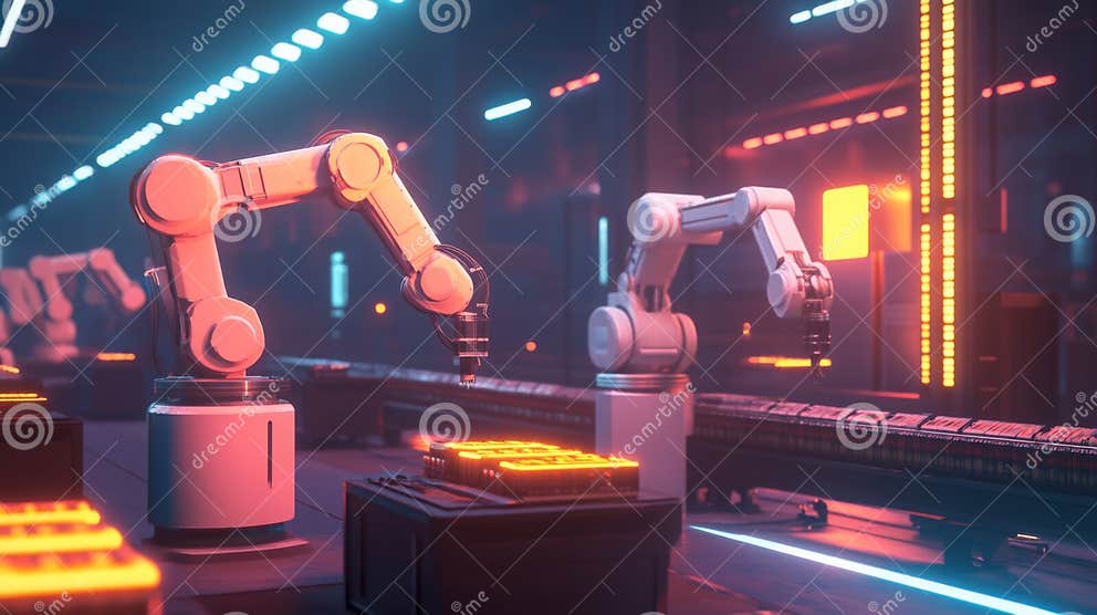 Advanced Robotics Performing Automated Assembly Task in Futuristic Industrial Environment Stock ...