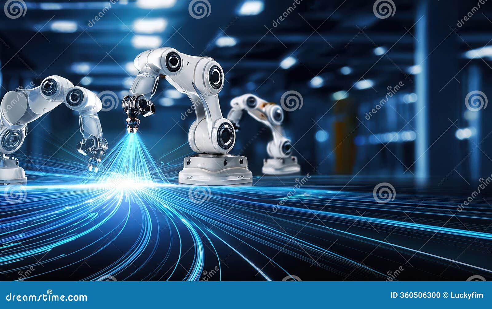 Advanced Robots Performing Intricate Tasks with Glowing Pathways in ...